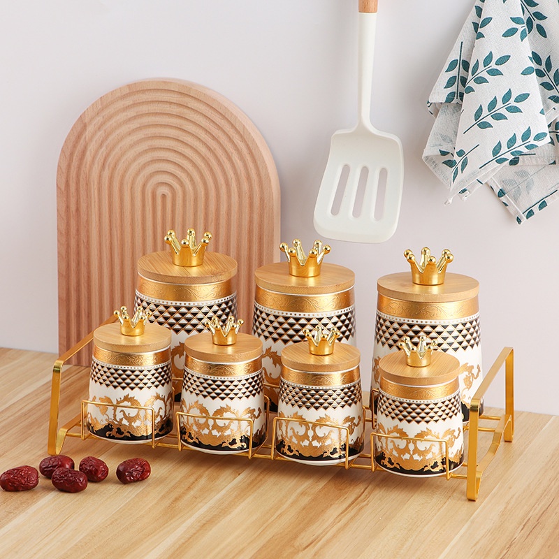 Light Luxury Ceramic Sealed Jar Kitchen Storage Tea Wooden Lid Supplies ...