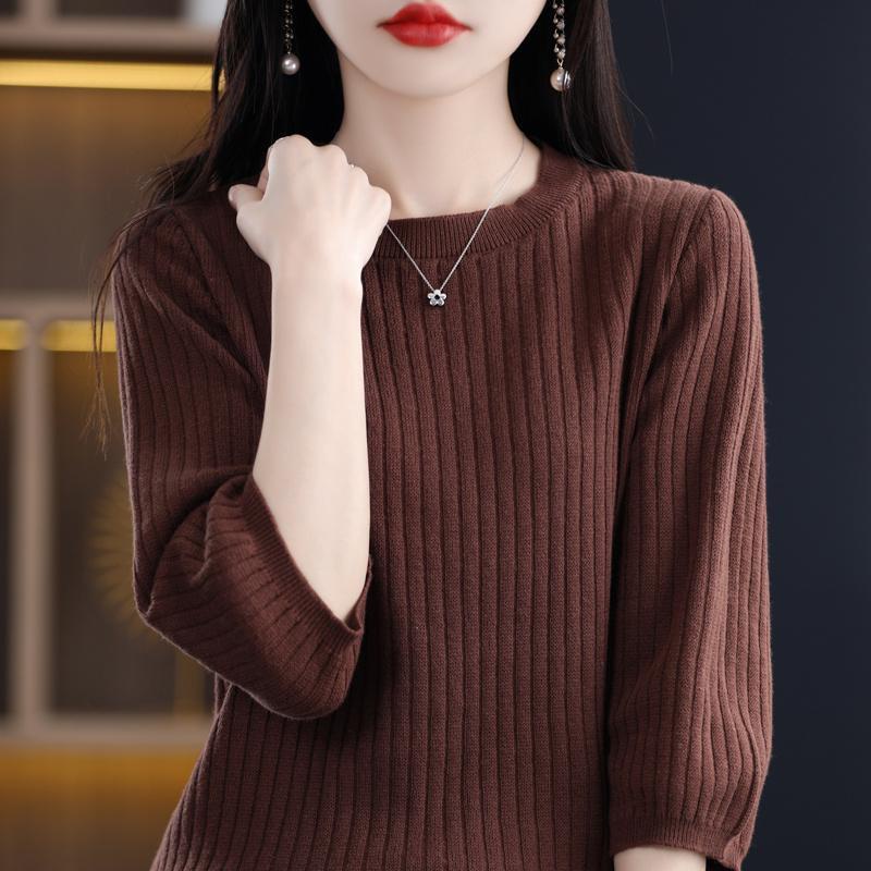 Women's three-quarter sleeve sweater with round neck pullover loose ...