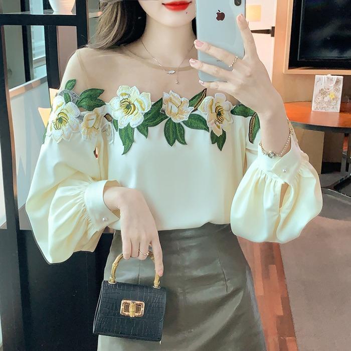 Blouse Women Embroidered Floral Shirt Chic Pretty Shirt Women Tops ...