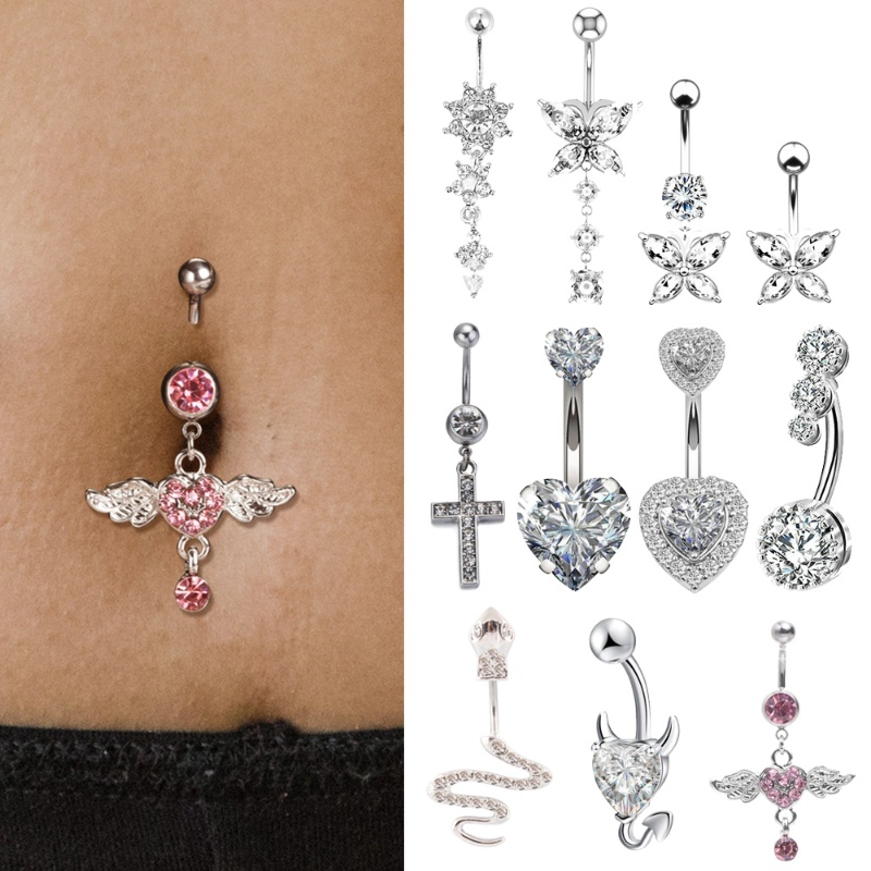 Fashion Boho Pink Crystal Heart Wing Piercing Belly Button Rings Dangle ...