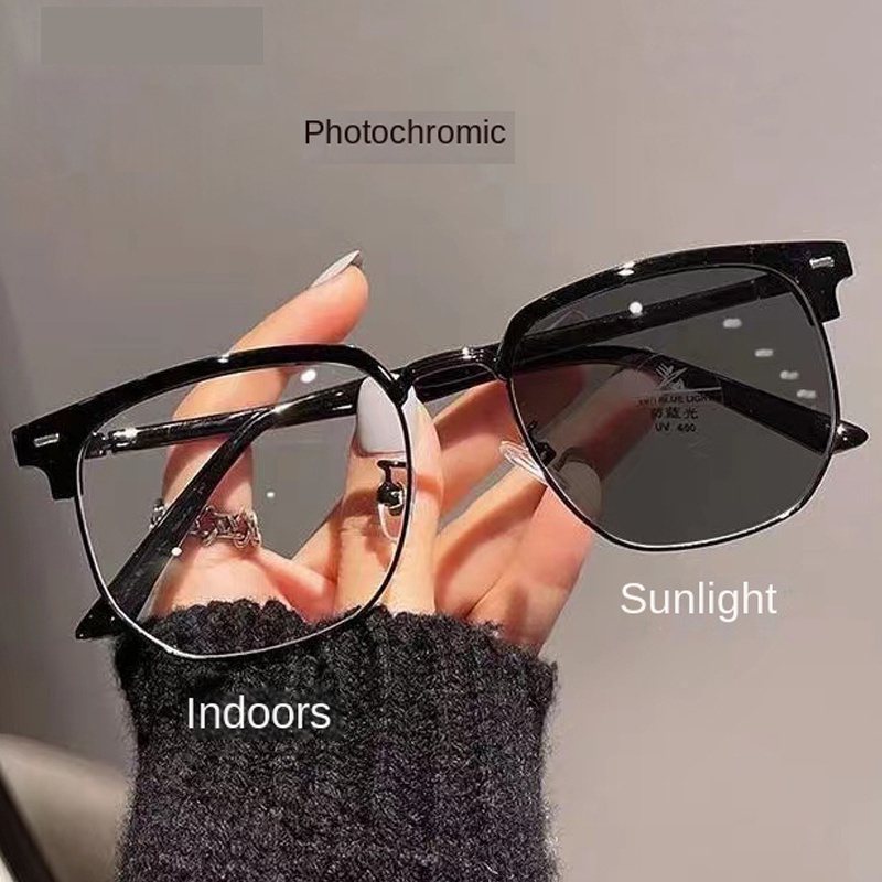 New 2 in 1 photochromic glasses men's half frame eyebrow shape anti ...