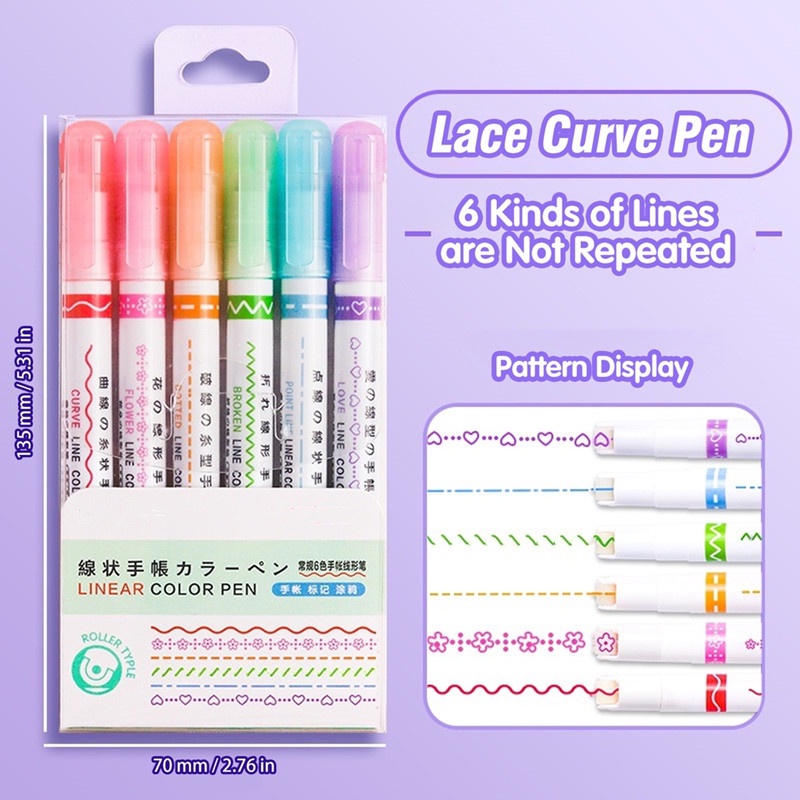 6pcs Line Shaped Highlighter Pen Multi Color Roller Tip Curve Liner ...