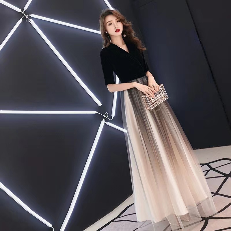 Half Sleeve Women Black Gradient Dress Slim Princess Midi Dress ...