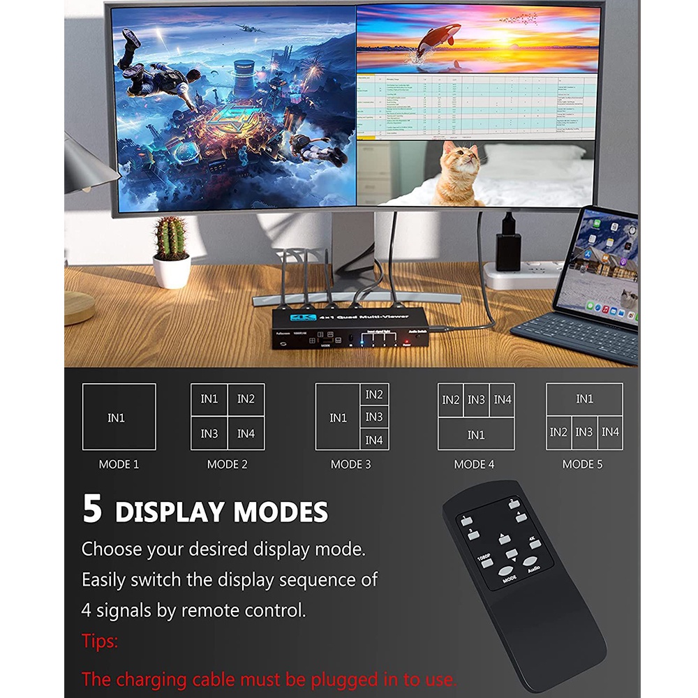 4K HDMI Multi-Viewer Splitter Adapter 4X1 Quad Screen Viewer 4 In 1 ...
