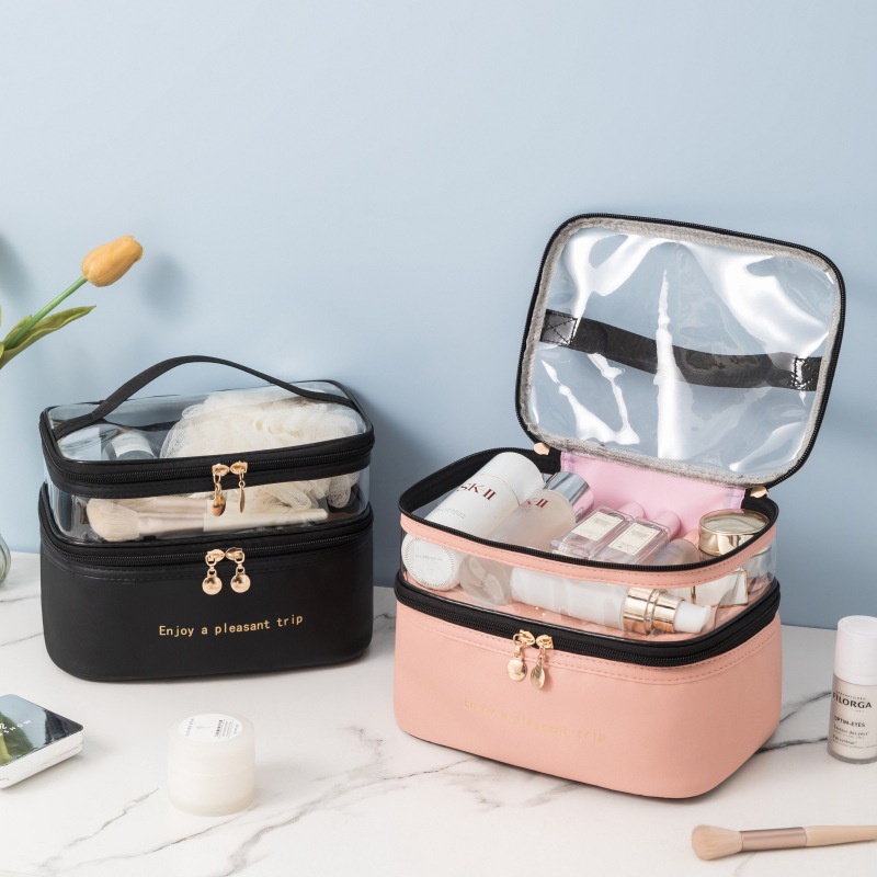 Multifunction Double-layer Transparent Cosmetic Bag PU Leather Women ...