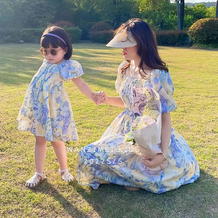 Mother And Daughter Matching Dresses Summer Girls Short Sleeve Floral