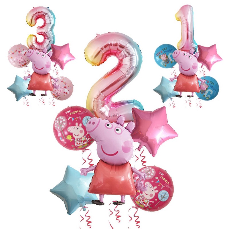 6 Pc Peppa Pig Balloon Set Number Foil Balloons Kids Birthday Party ...