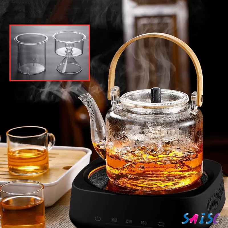 1100ml Glass Steaming TeaPot Large Capacity Boiling Tea Pot Bamboo ...