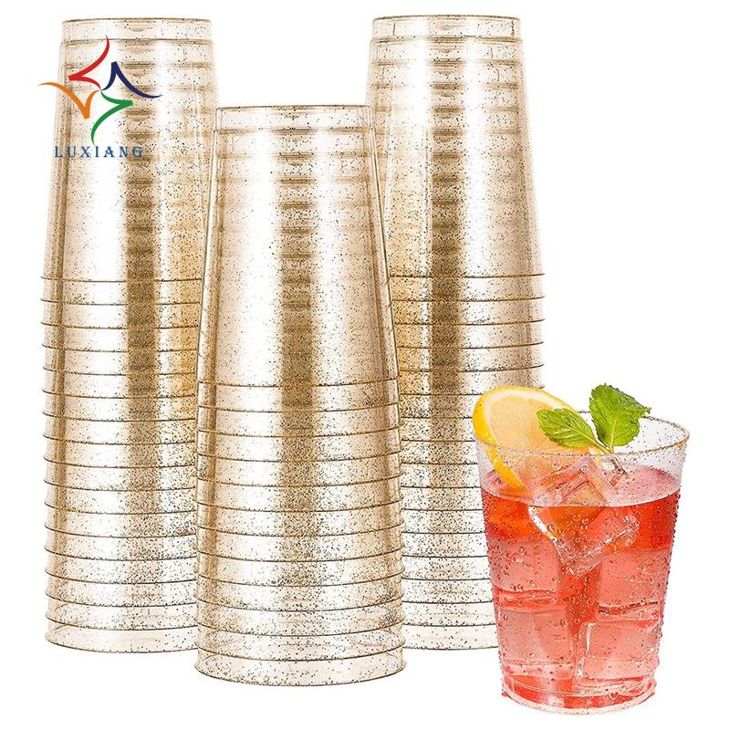 Gold Plastic Cups, Disposable Gold Glitter Plastic Wine Glasses, Clear ...