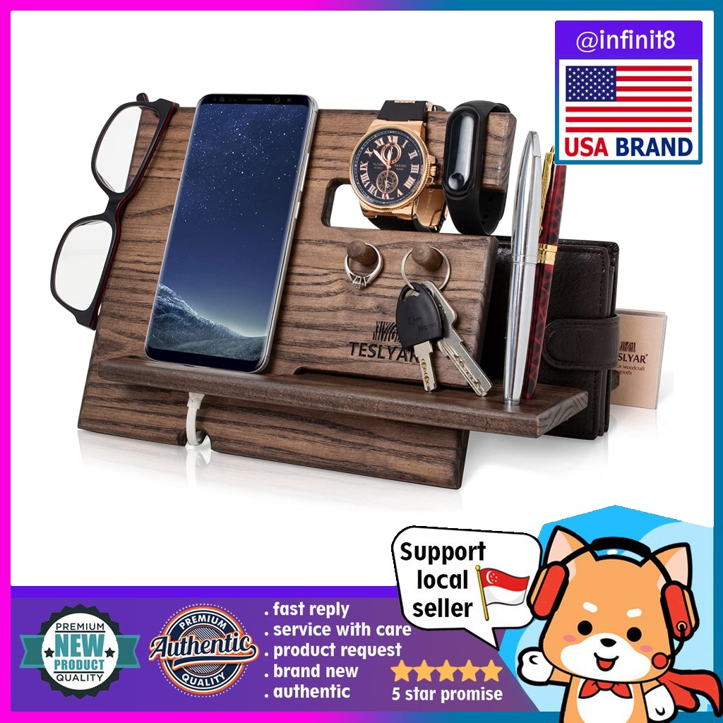 [sgstock] TESLYAR Wood Phone Docking Station Ash Key Hooks Holder ...