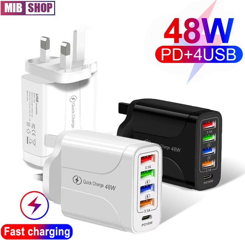 PD 48W USB Charger Quick Charge 5 Ports Type C Charger Smar Cell Phone ...