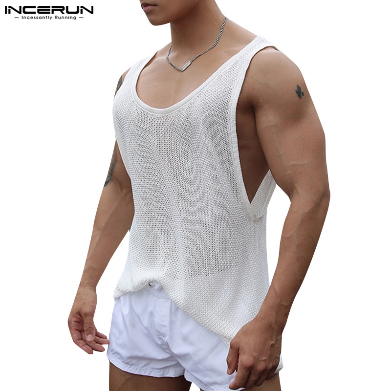 INCERUN Men's White Knitted Tank Top Men's Hollow Muscle Breathable ...