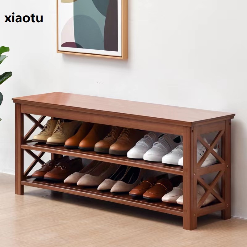Bamboo Shoe Rack Bench, 2-Tier Sturdy Shoe Organizer for Entryway ...