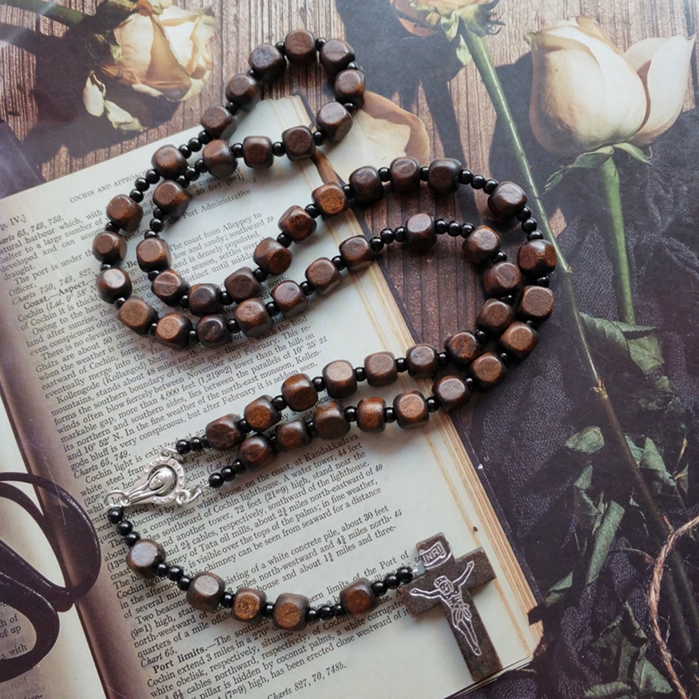 Handmade Square Wood Beaded Chain Rosary Necklace Virgin Mary Medal ...