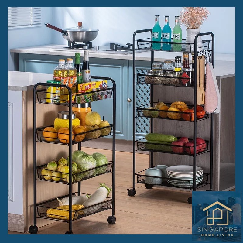 3/4/5 Tiers Mesh Design Shelf Rolling Wheels Kitchen Metal Trolley ...