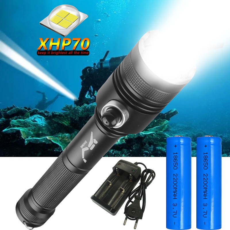 XHP70 Scuba Diving Flashlight Powerful LED Torch Light Underwater Lamp ...