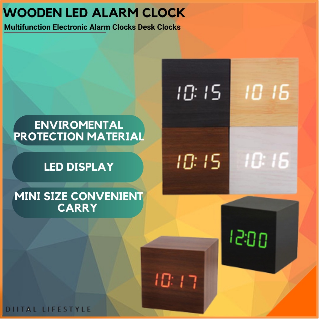 LED Wooden Alarm Clock Table Voice Control Digital Wood Despertador ...