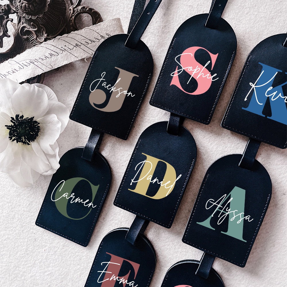 Personalised Initial with Name Monogram Luggage Tag PU Leather for Suitcase Baggage Handbag Tags ...