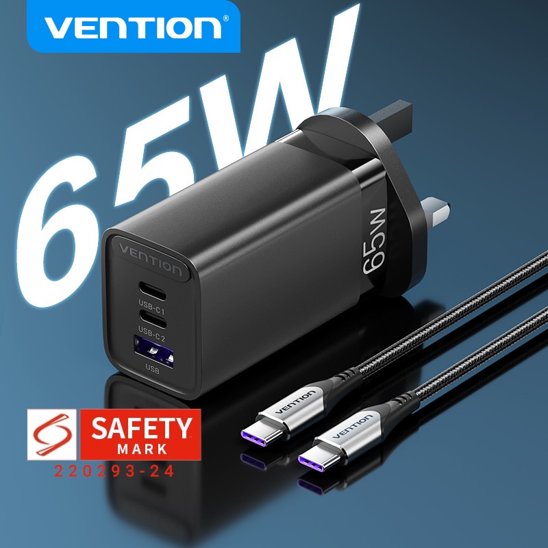 Vention 65W GaN Charger UK Plug 3 Ports Turbo Charging Power Adapter QC4.0 3.0 PD 3.0 Fast ...