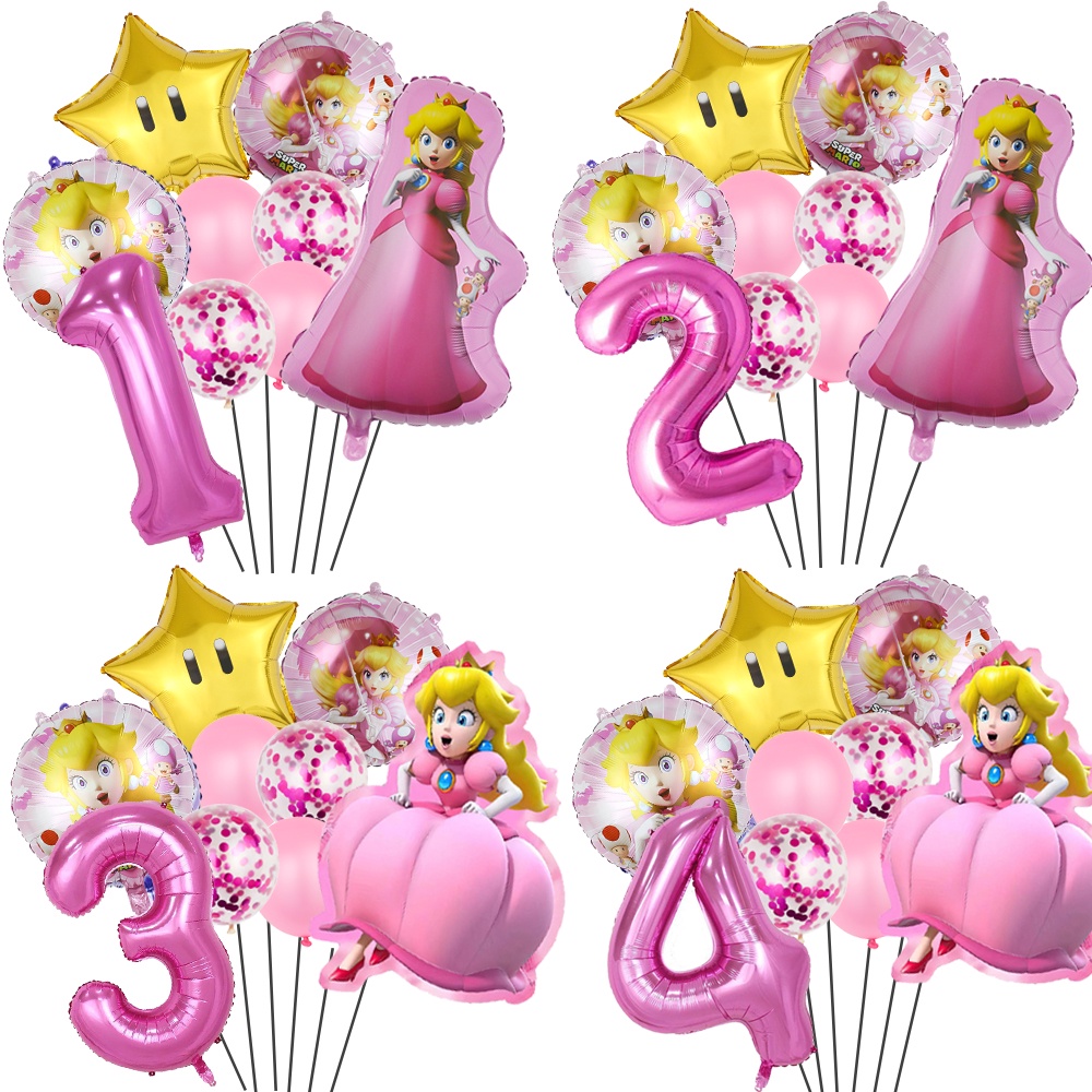 Pink Princess Peach Theme Party Balloons Set Yellow Star Number ...
