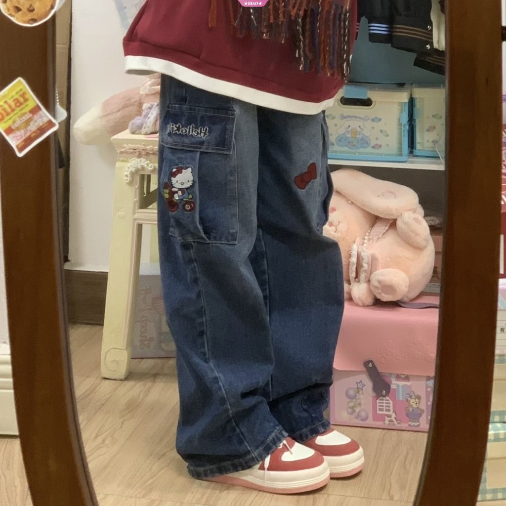Sanrio Hello Kitty Y2k Denim Clothes Women Jeans Fashion Wide Leg Pants ...