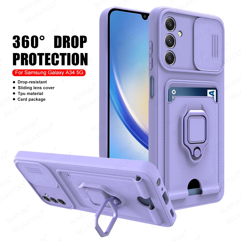 Card Slot Ring Stand Back Cover For Samsung Galaxy A34 A54 A14 5G Case Slide Lens Protection ...