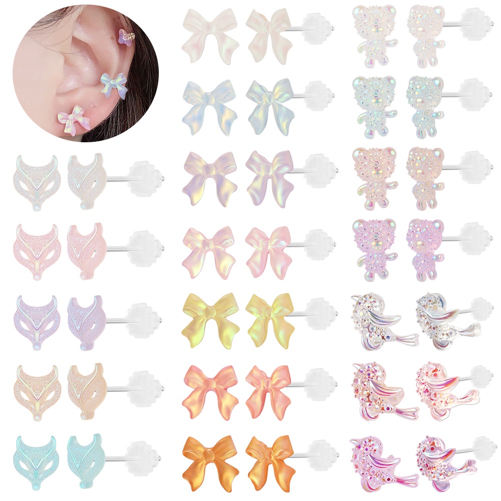 1 Pair Invisible Resin Stud Earrings Little Bear Bowtie Cartilage ...