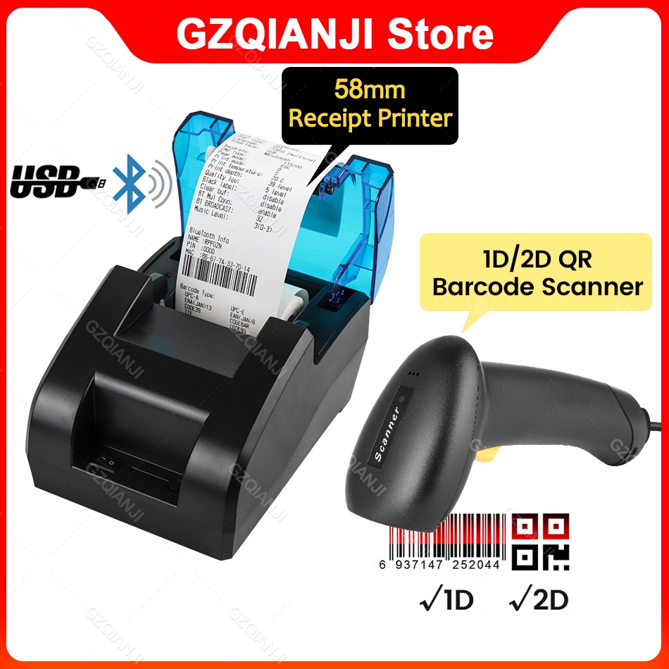 58mm Receipt Thermal Desktop Printer Bluetooth USB With 1D 2D Handheld ...