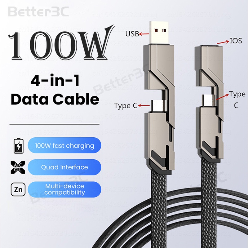 4 In1 100W Fast Charging Cable USB Type C PD Charger Data Cord Multi ...