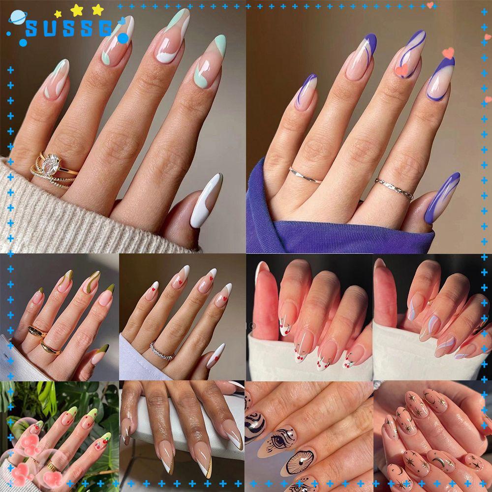 SUSHEN 24pcs/Box Almond False Nails Press On Nails Manicure Tool Full ...