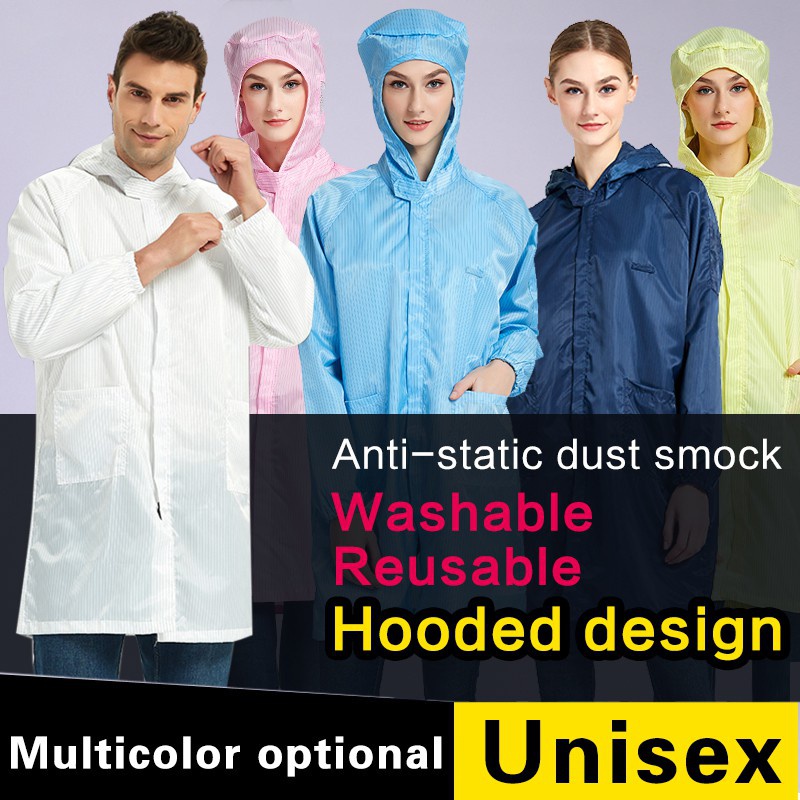 Antistatic ESD smock with hood round neck with zipper PPE gown washable lab coat Cleanroom suit ...