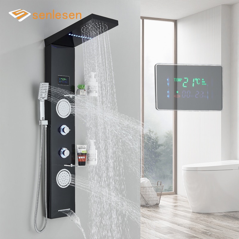 LED Light Shower Panel Rainfall Digital Display Shower Faucet Set Wall ...