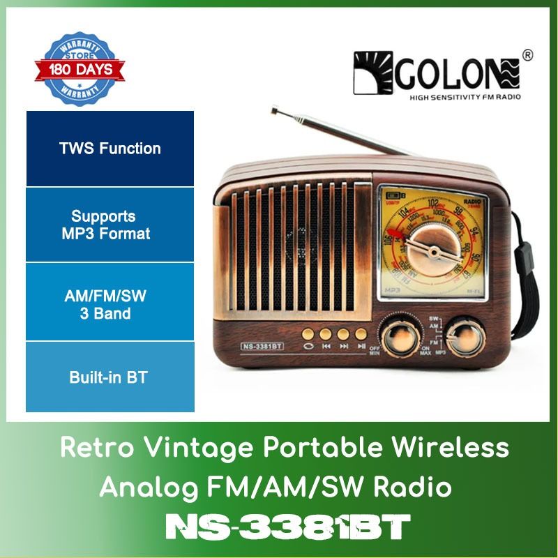 Golon NS-3381BT Retro Vintage Portable Wireless Analog FM/AM/SW Radio ...