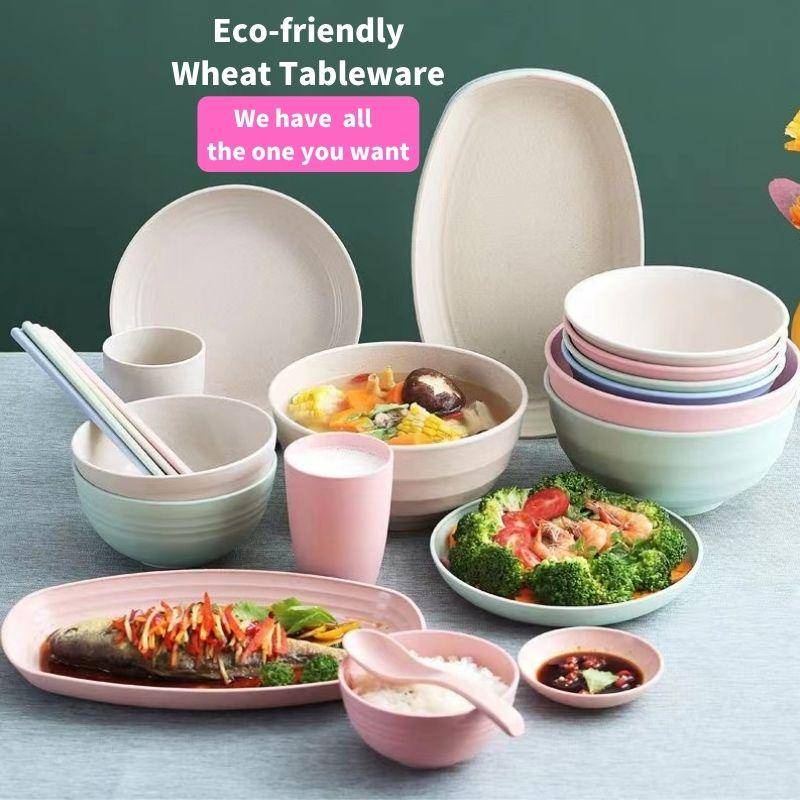 【Ready Stock】餐具 Wheat Straw Tableware Plastic Dinner Plates Soup Cup ...