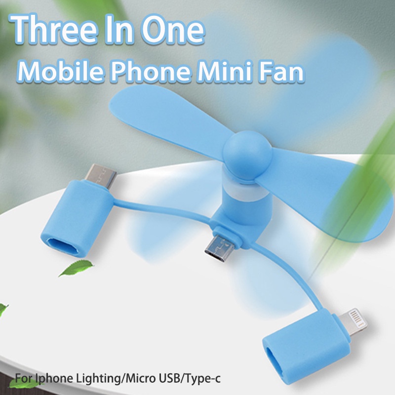 3-IN-1 Phone Mini Fan Strong Wind Soft Lightweight IOS Android Type C ...