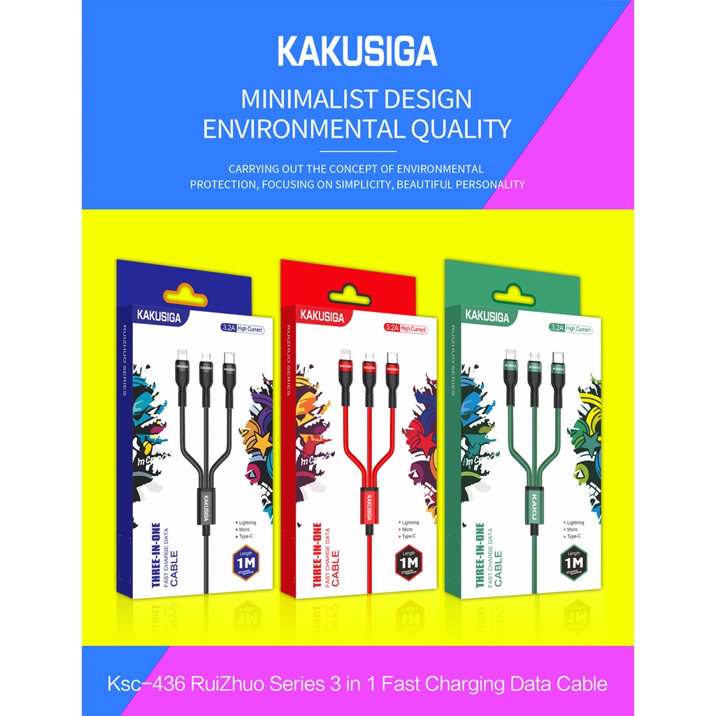 KAKUSIGA 3 in 1 3.2A Fast Charging Cable Type-C Micro-Usb Cable 1 Meter ...