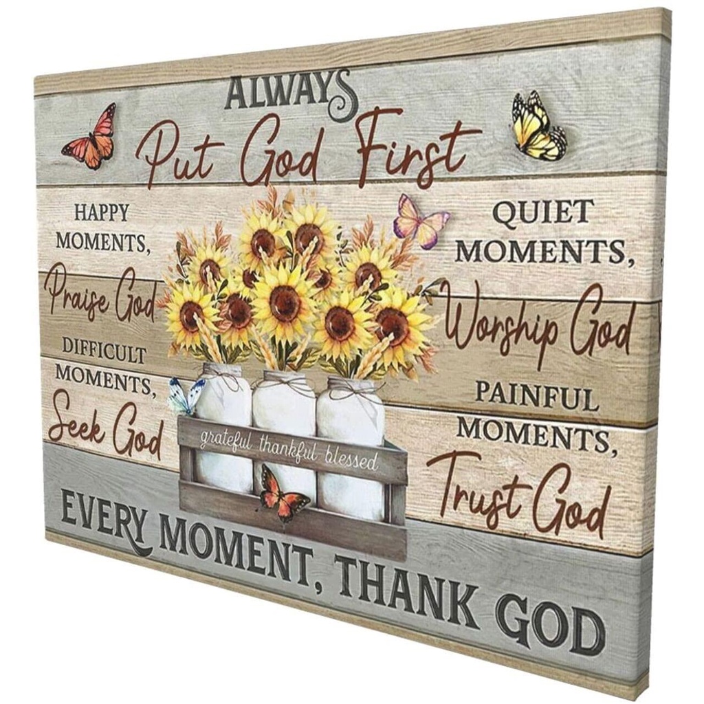 Drawpro Rustic Farm Sunflower Butterfly Wall Art Put God First Quotes ...