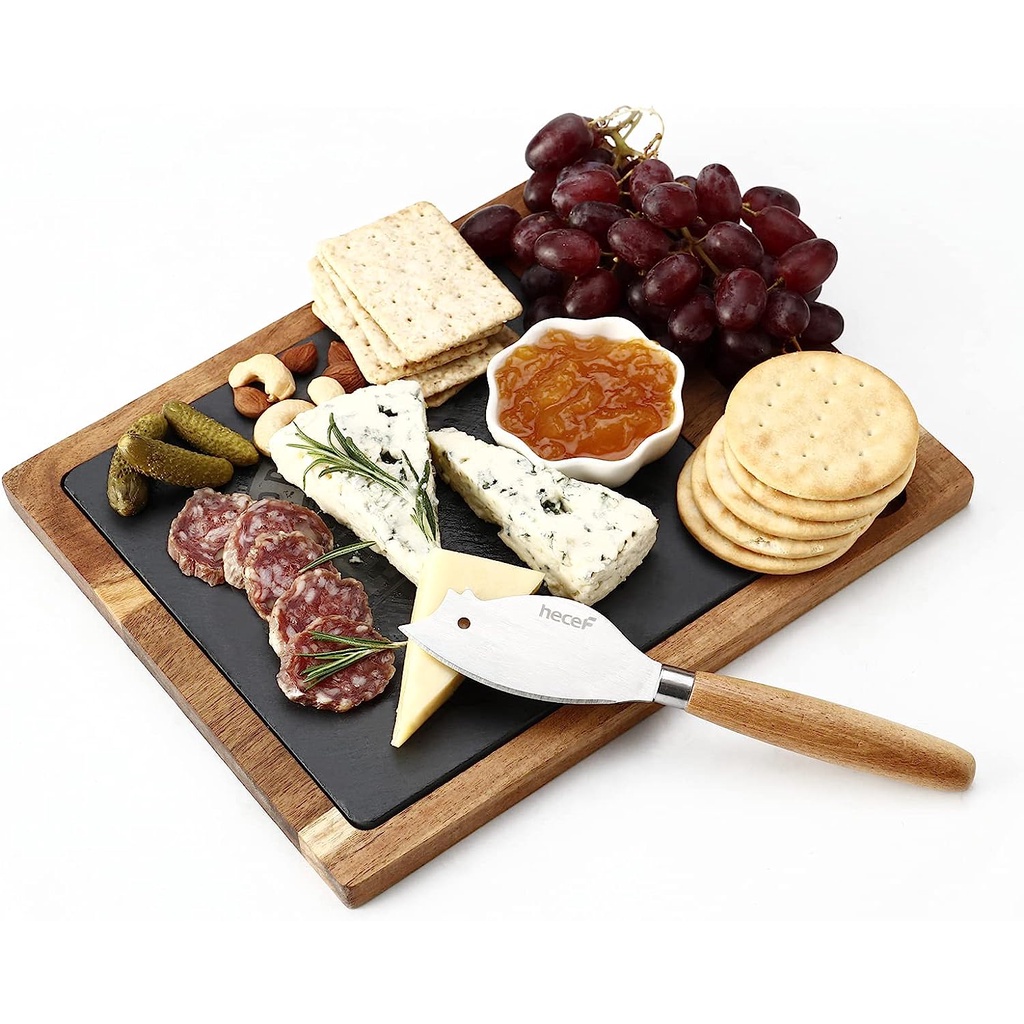 hecef Acacia Wood Cheese Board Set with Black Slate & Cheese knife ...