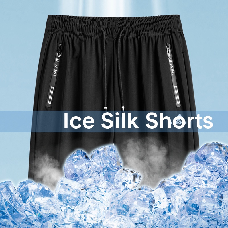 Men's shorts ice silk casual shorts solid color elastic tether sports nylon real ice silk air ...