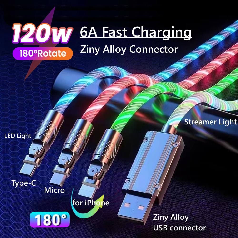 120W 6A Super Fast Charging Cable 180 Rotate USB Cord LED Light Type C ...