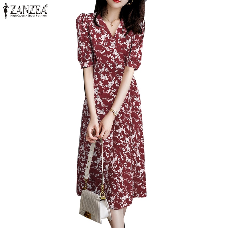 Zanzea Women Korean Fashion Puff Short Sleeve V Neck Floral Printed