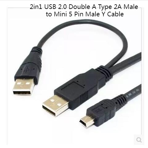 2 in 1 USB 2.0 Double A Type 2A Male to Mini 5 Pin Male Y Cable For 2.5 ...
