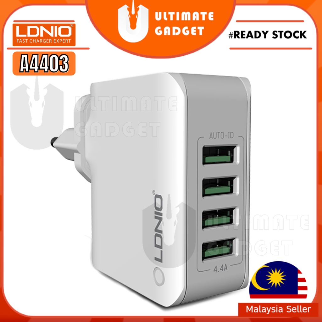 LDNIO Charger Adapter Plug 4 USB Port 4.4A AUTO ID Fast Charging UK Pin ...