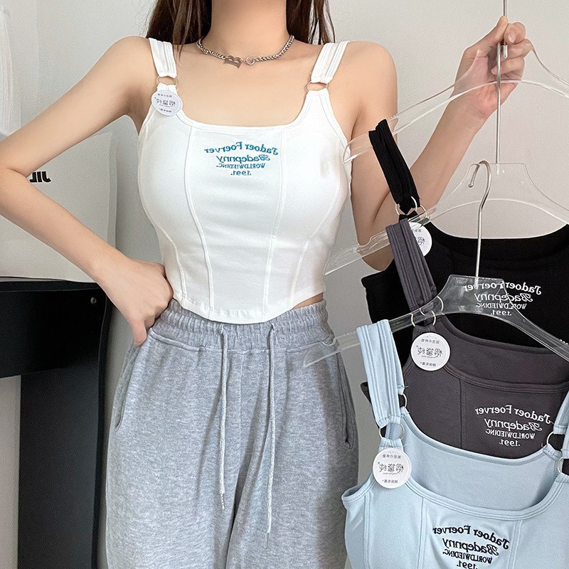 Women Letter Print Short Tank Tops Y2K Summer Irregular Crop Top Buckle ...
