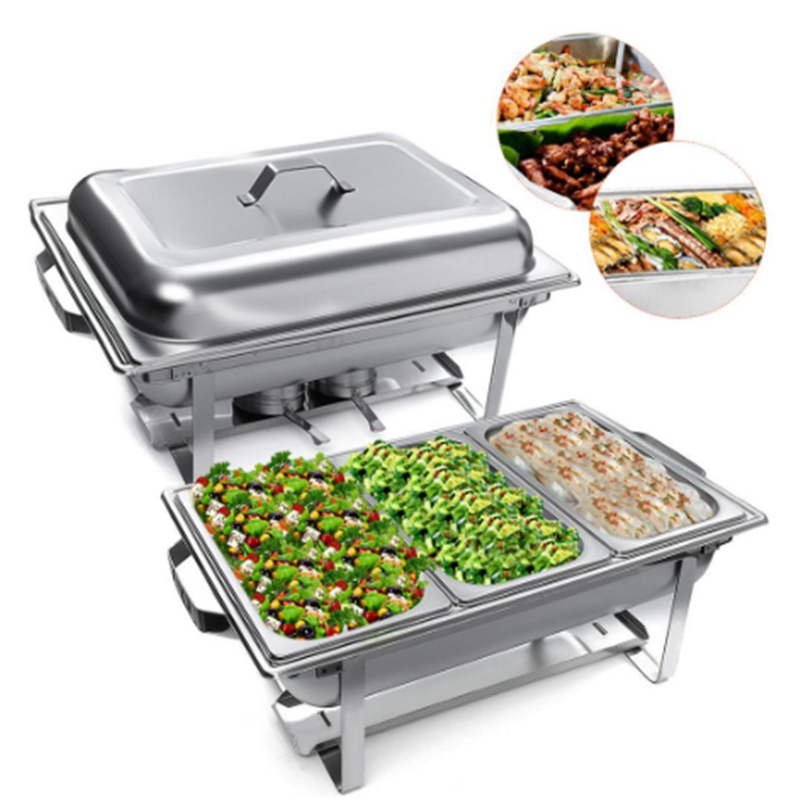 3 Plates Stainless Steel Square Buffet Stove Dish Set Container Food ...