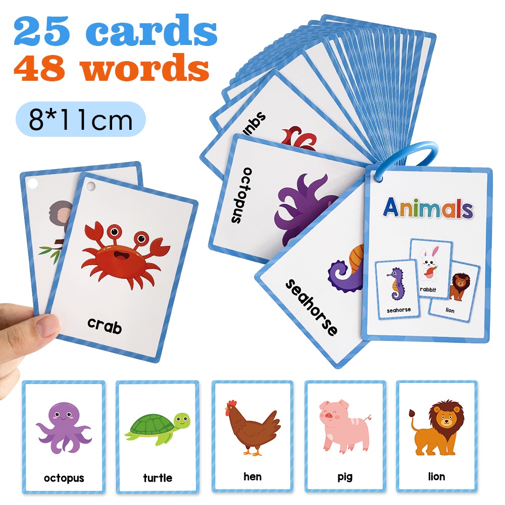 25 Cards Animals Montessori Learning Cards English Words Cognitive ...