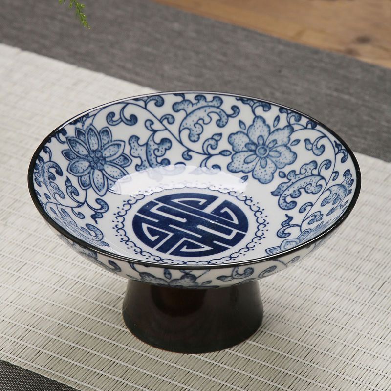 Ceramic High Foot Plate Snack Plate Creative Blue White Porcelain Fruit ...