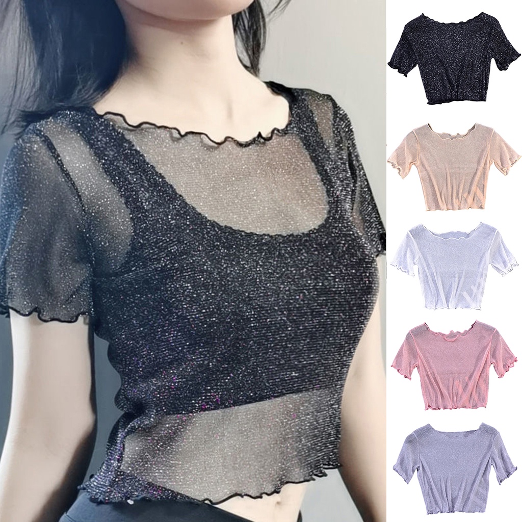 SPM_ O-Neck Short Sleeve Sheer Trim Crop Top Women See-through Glitter ...