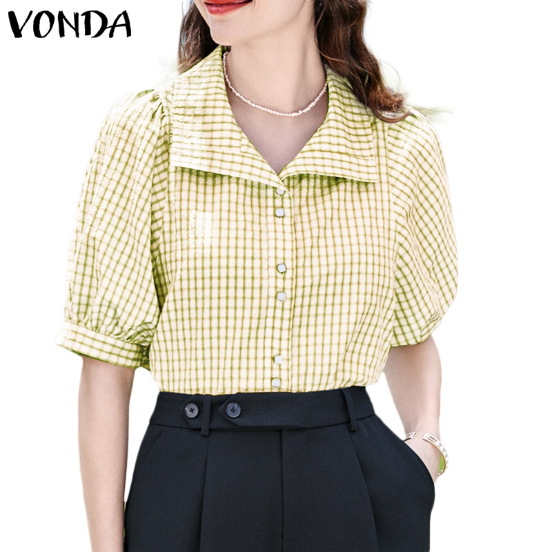 VONDA Women Korean Daily Short Sleeves Puff Sleeves Shirt Collar Loose ...