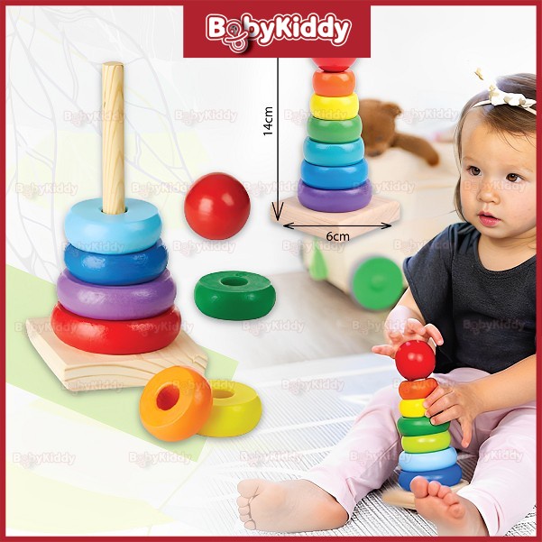 Kids Wooden Stacking Ring Toy 6 Ring Sensory Stack Up Rainbow Tower ...